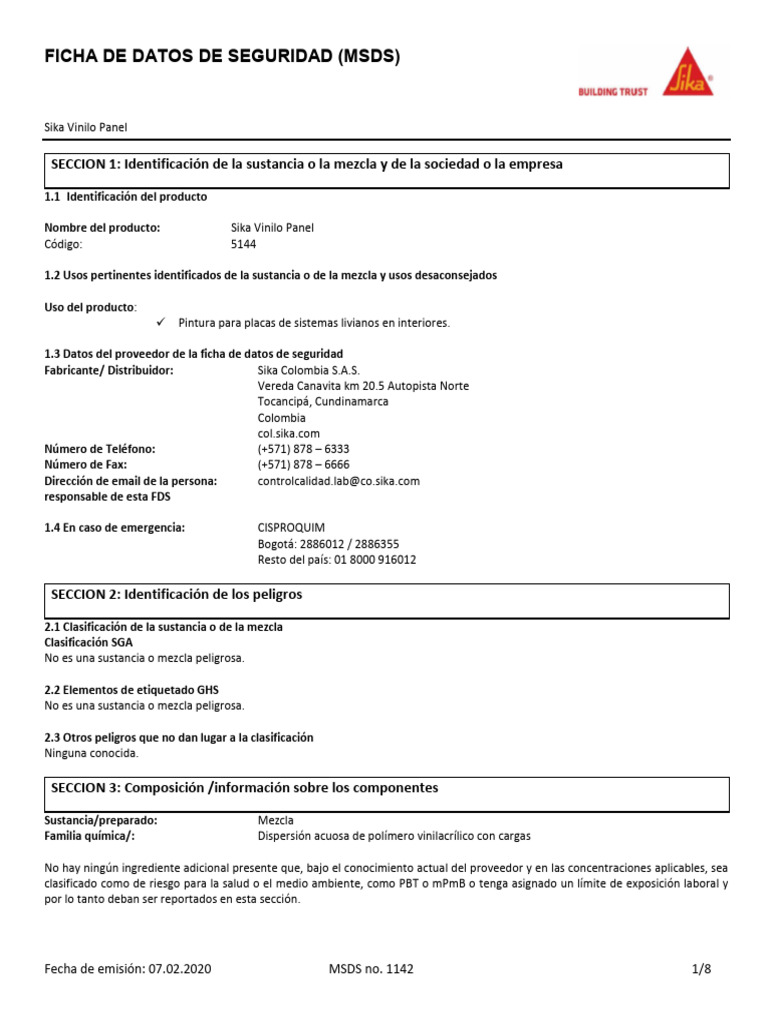 FDS SikaVinilo Panel | PDF | Residuos | Ventilación (Arquitectura)