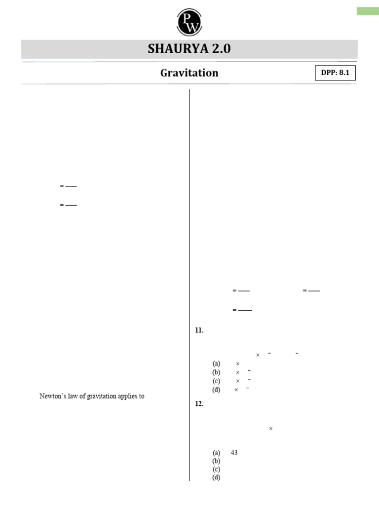 Gravitation - DPP 8.1 - Shaurya 2.0 | PDF | Force | Astrophysics