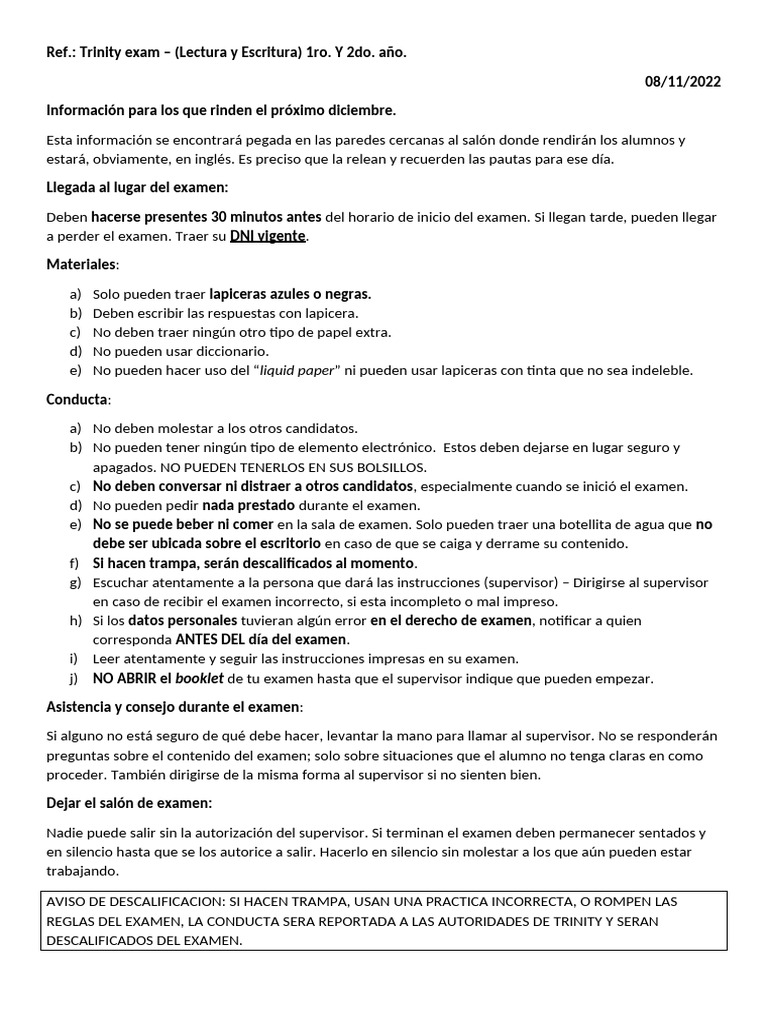 Reglas Examen Trinity 1ro y 2do Año | PDF
