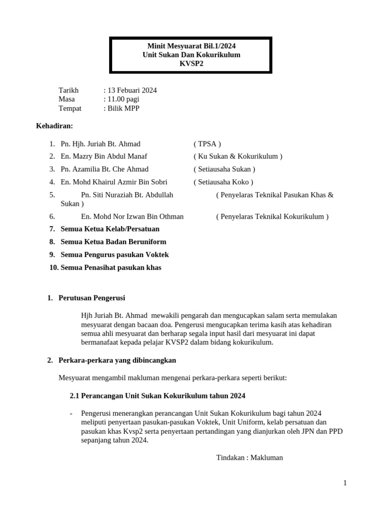 Minit Mesyuarat Unit Sukan Koko Bil 1 2024 | PDF