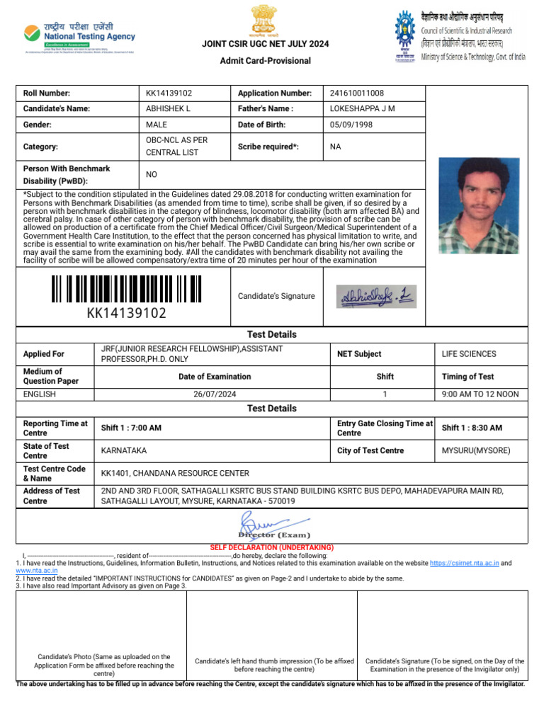 JOINT CSIR-UGC NET JUNE-2024 _ India | PDF | Identity Document