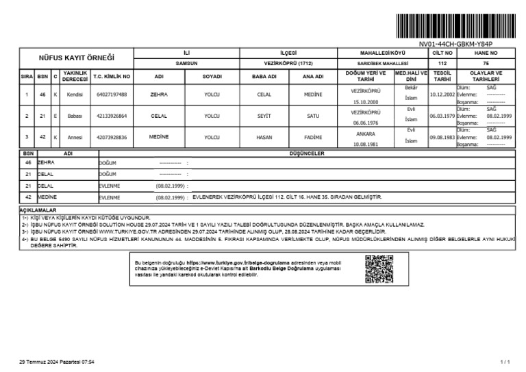 Nufus Kayit Ornegi 2 | PDF