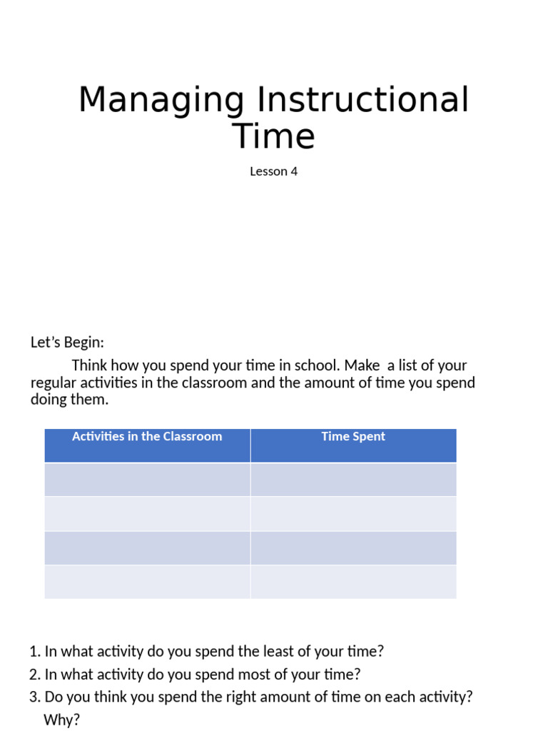 Managing Instructional Time 1 | PDF | Classroom | Teachers