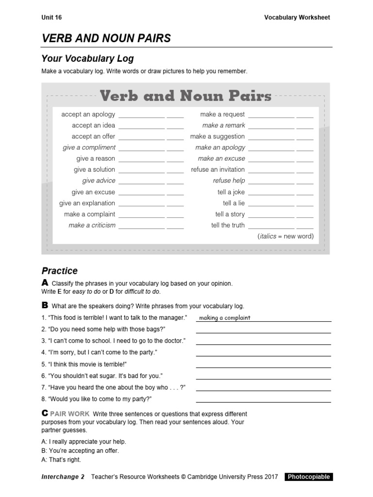 Interchange5thEd Level2 Unit16 Vocabulary Worksheet | PDF