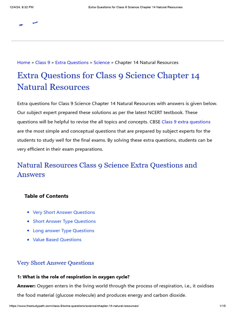 Extra Questions for Class 9 Science Chapter 14 Natural Resources | PDF ...