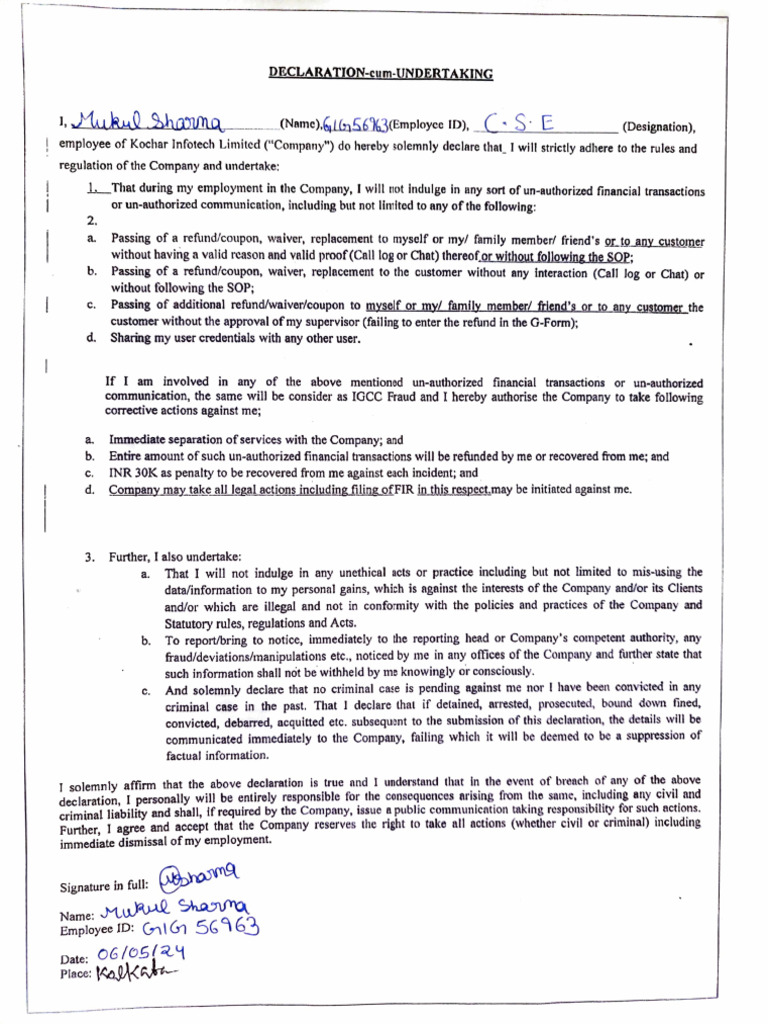 Employee Declaration and Compliance Agreement | PDF | Employee ...