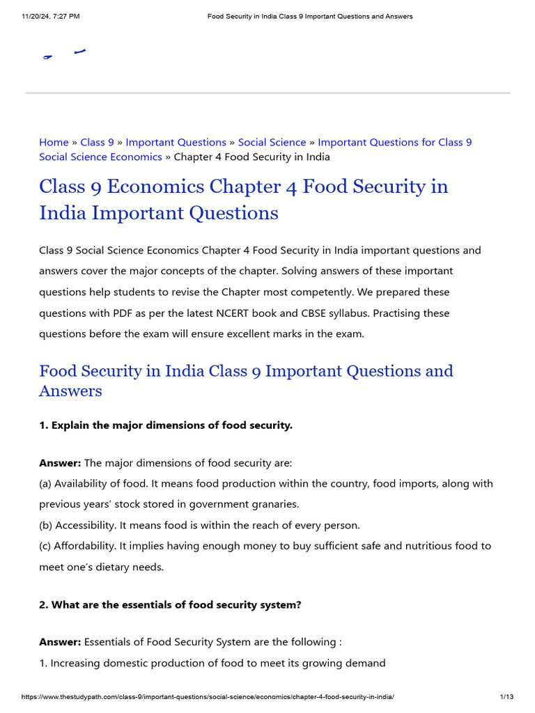Food Security in India Class 9 Important Questions and Answers | PDF ...