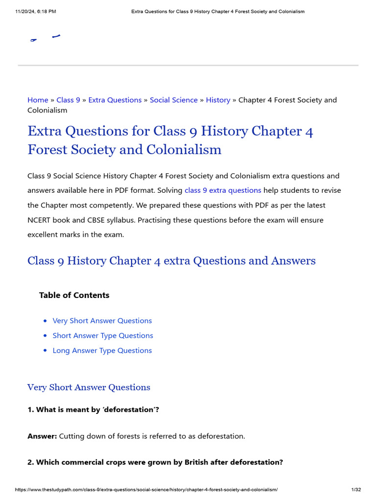 Extra Questions For Class 9 History Chapter 4 Forest Society and ...