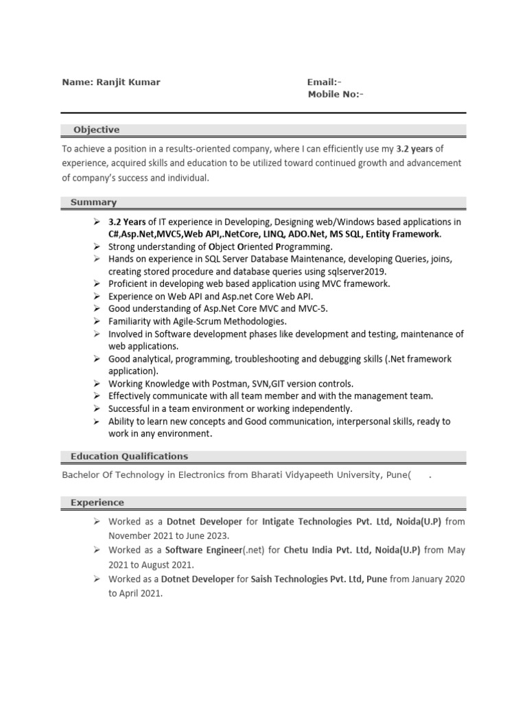 Ranjit Kumar - Dot Net - Noida (3y - 2m) | PDF | Microsoft Sql Server | Language Integrated Query