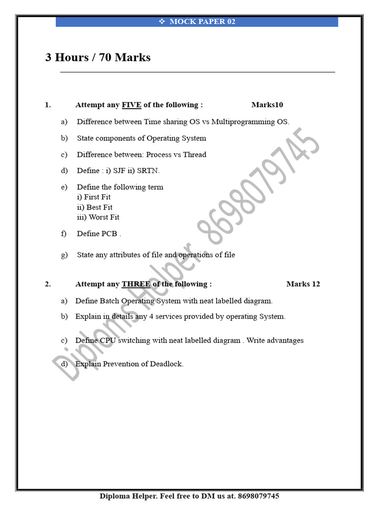 Mock Paper02 by Diploma Helper | PDF | Scheduling (Computing) | Operating System