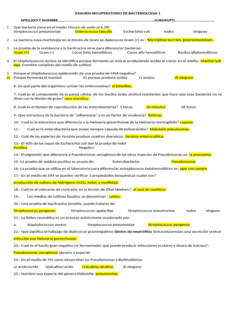 Examen Recuperatorio 2023 1 | PDF | Estreptococo | Escherichia coli