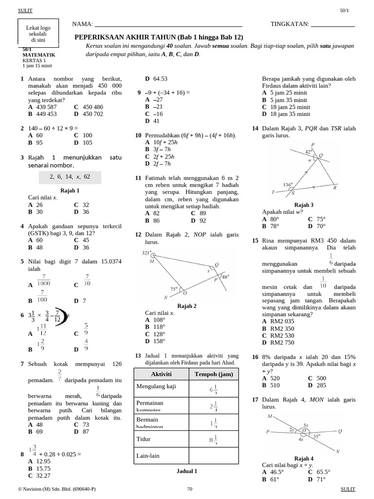 Maths F1 Final Year Examination (BM) | PDF