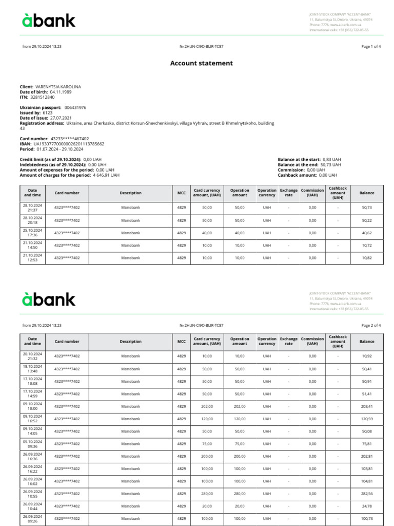 Виписка 29.10 | PDF | Credit Card | Banking