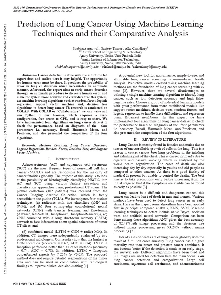 Prediction Of Lung Cancer Using Machine Learning Techniques And Their