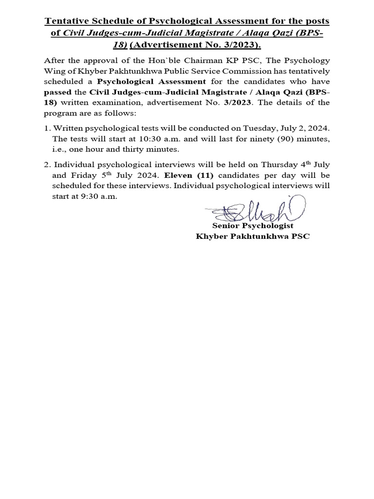 KP PSC Civil Judges Psychological Assessment Schedule | PDF