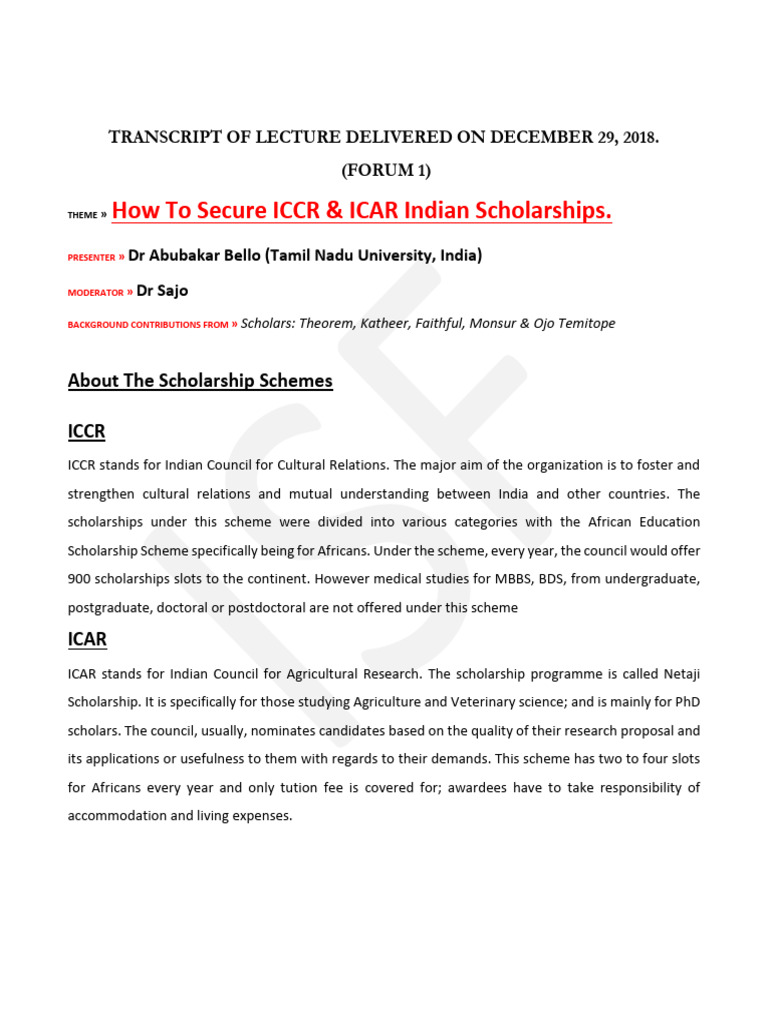 Indian ICCR & ICAR Scholarships Guide | PDF | University And College ...