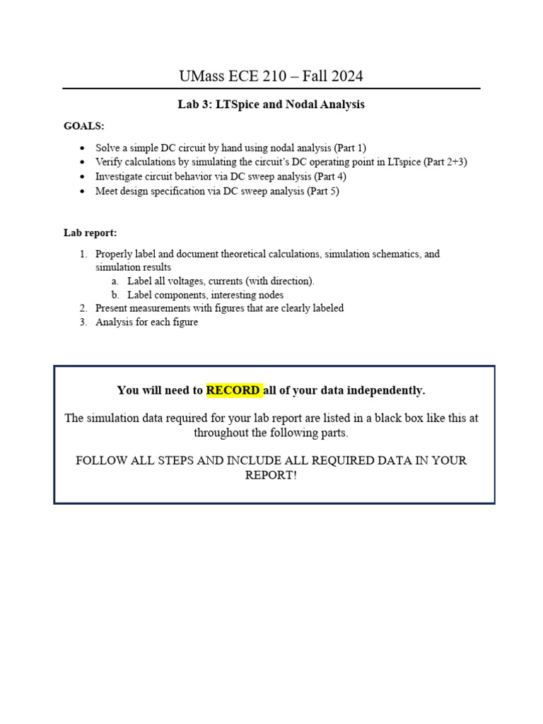 F24 ECE210 - Lab 3 - LTSpice and Nodal analysis (1) | PDF | Electrical ...
