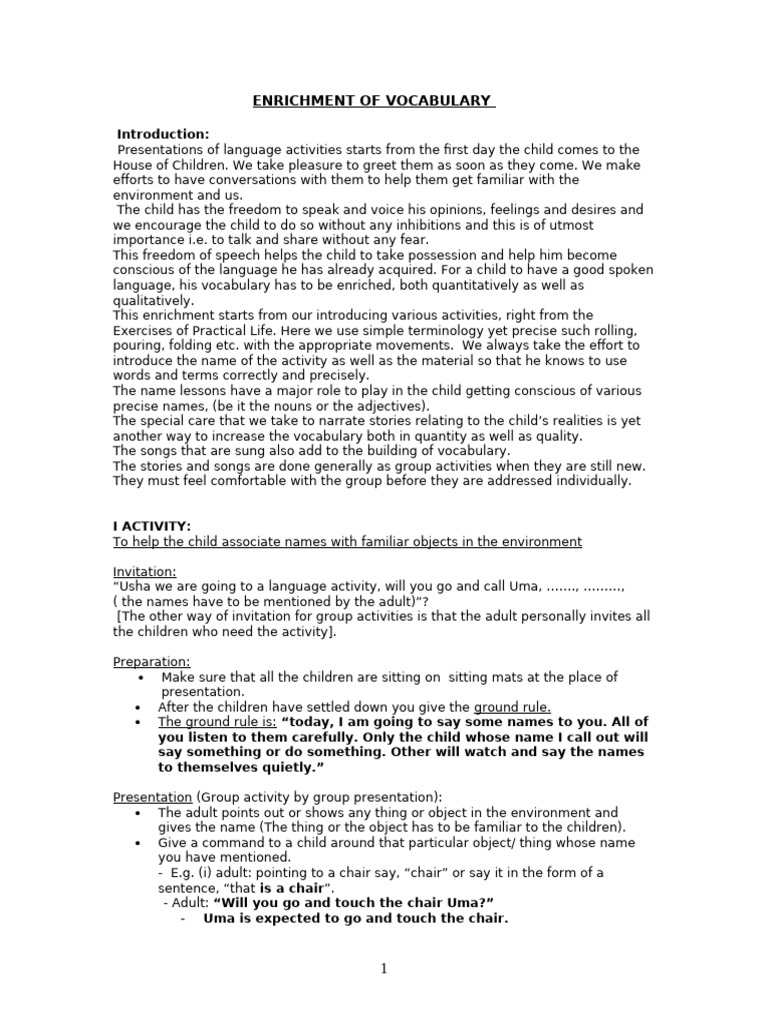 Montessori Vocabulary Enrichment Activities | PDF | Vocabulary