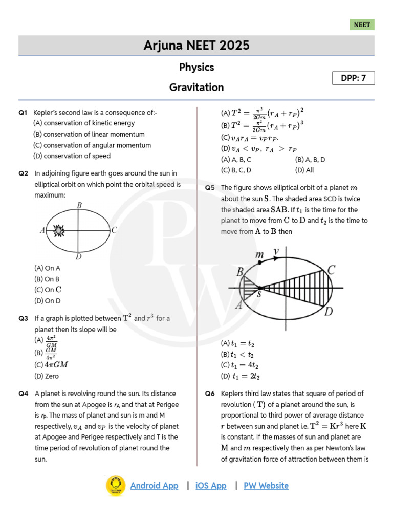 Gravitation _ DPP 07 (Extra DPP) __ Arjuna NEET 2025 | PDF | Orbit | Applied And ...