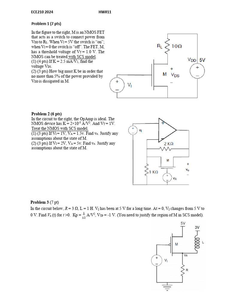 ECE210 HW#11: NMOS FET & OpAmp Analysis | PDF