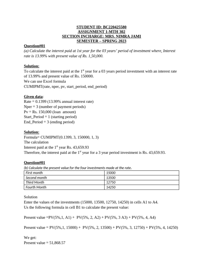 Business Math MTH302 Assignment 01 | PDF | Present Value | Matrix ...