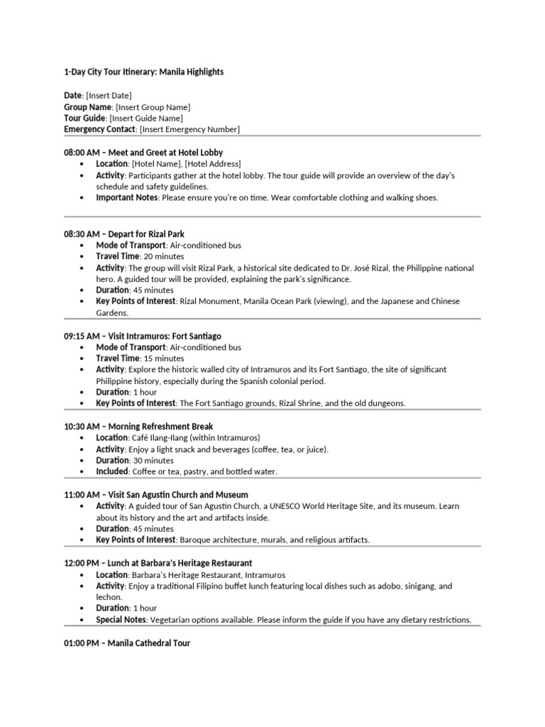 1-Day Manila City Tour Itinerary | PDF | Manila
