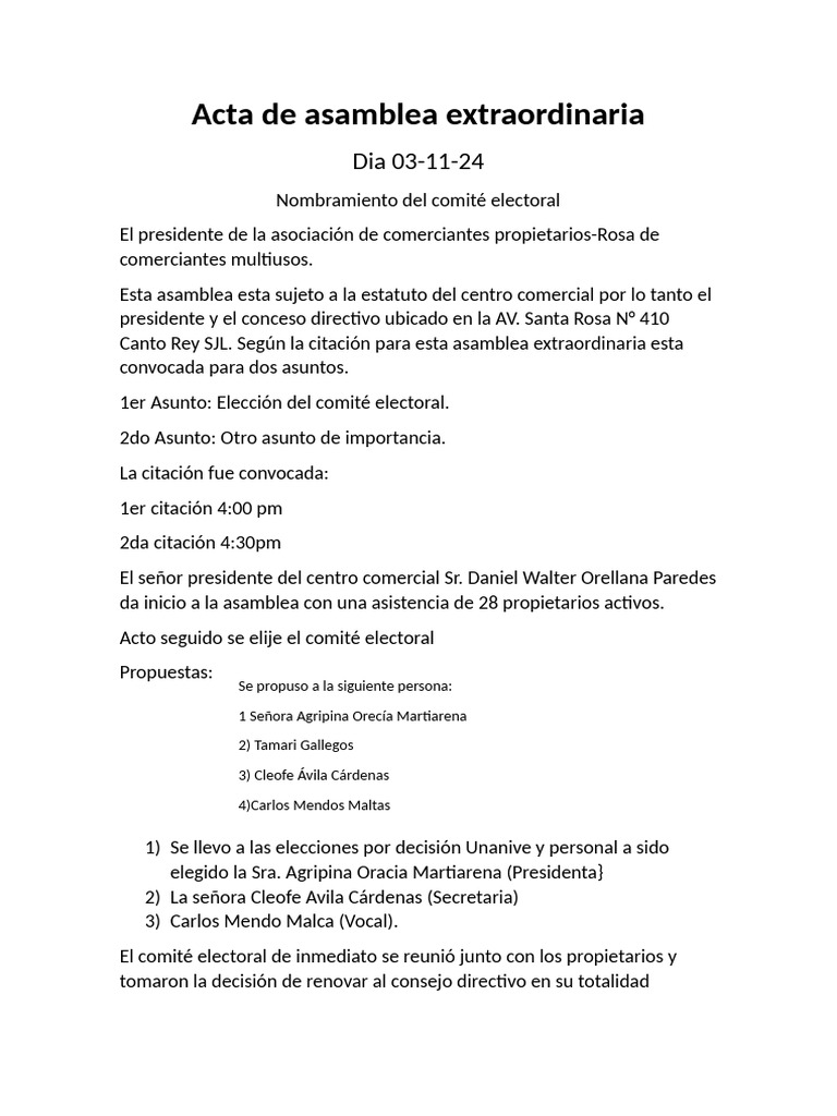 Acta de Asamblea Extraordinaria | PDF