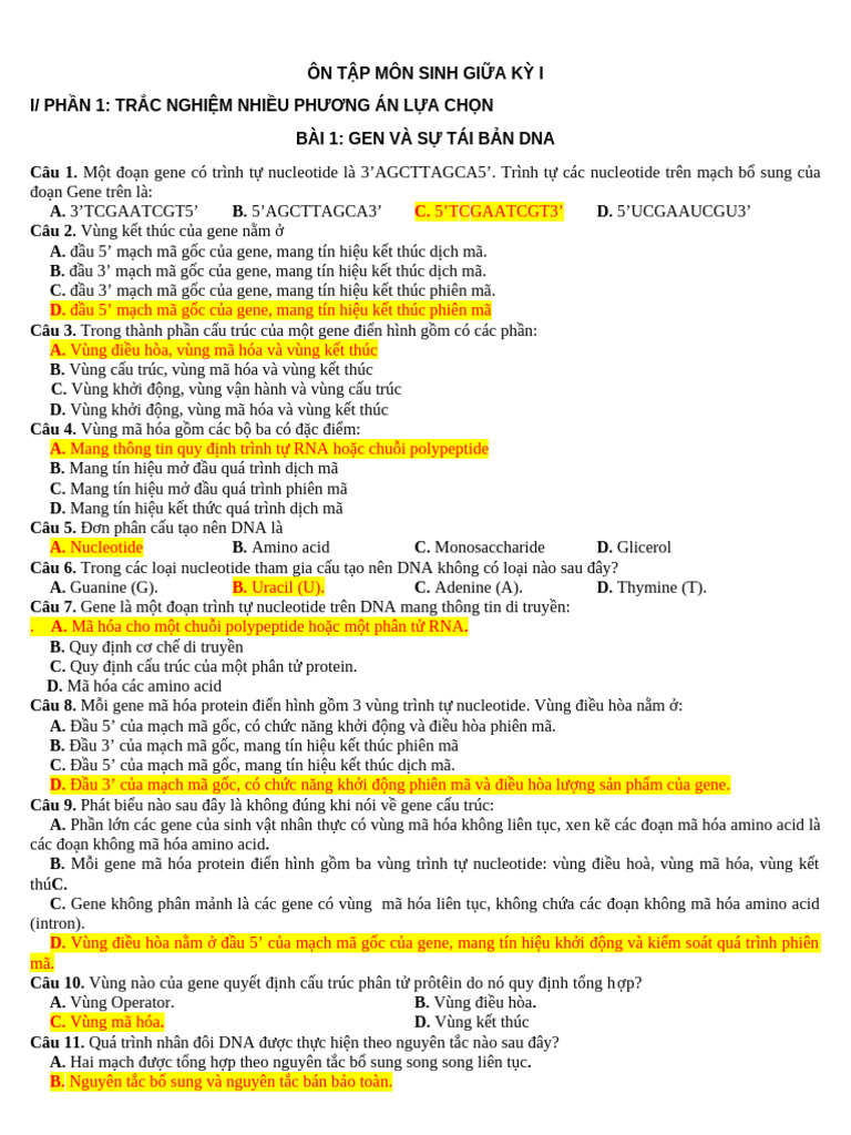 Đáp án đề sinh gk 1 | PDF