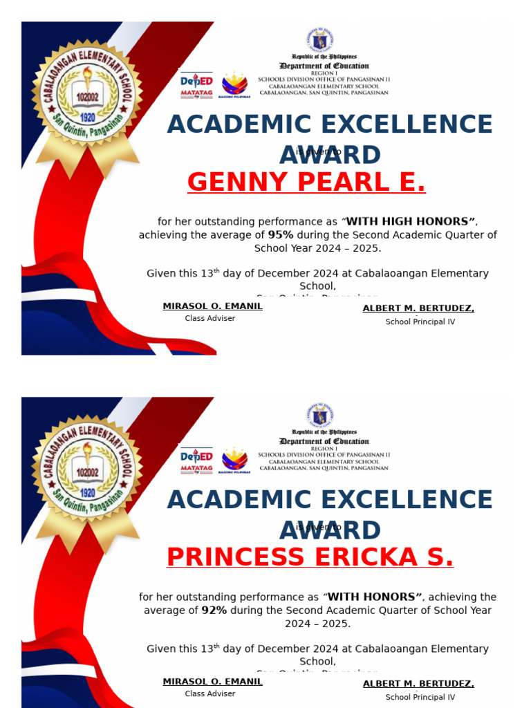 Academic Excellence Awards 2024-2025 | PDF