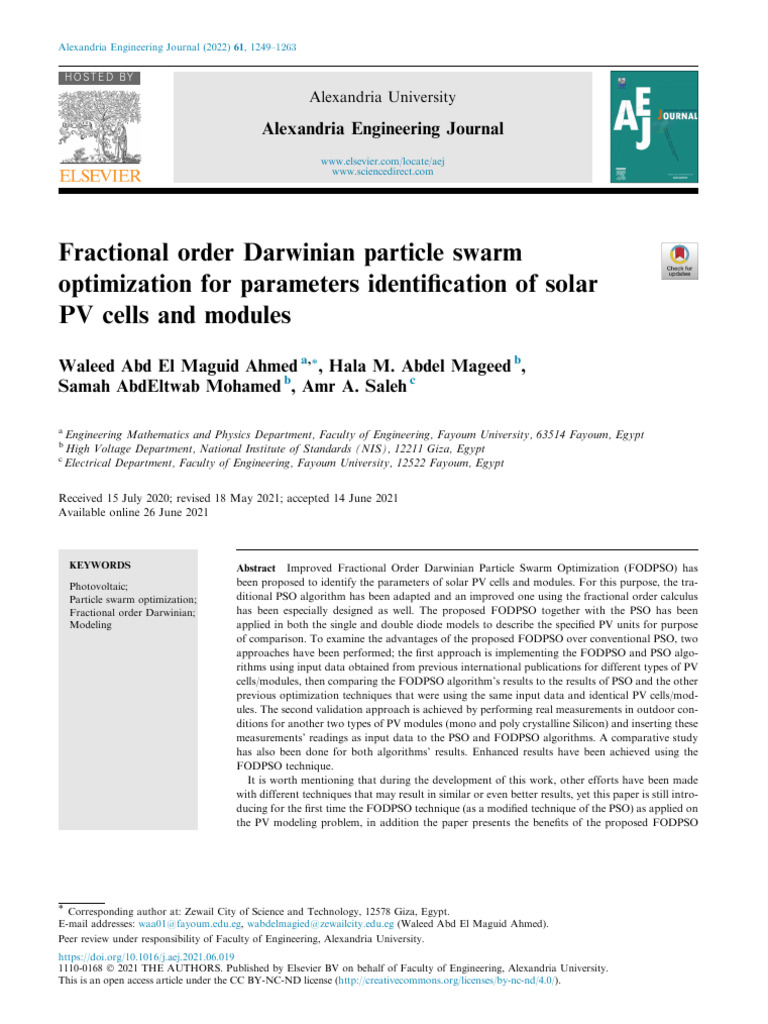 Fractional Order Darwinian Particle Swarm 2022 Pdf Photovoltaics