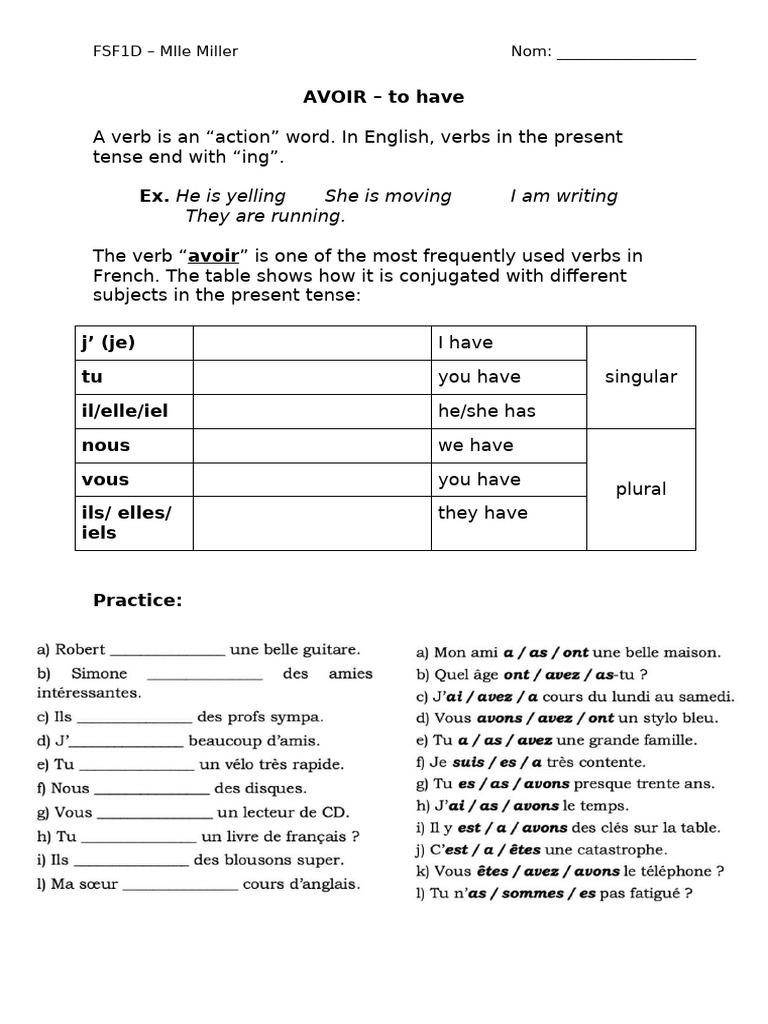 French Verb "Avoir" Conjugation Guide | PDF