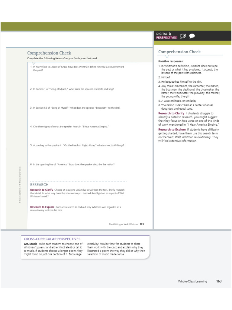 G11 The Writing of Walt Whitman Comprehension Check Answers | PDF ...