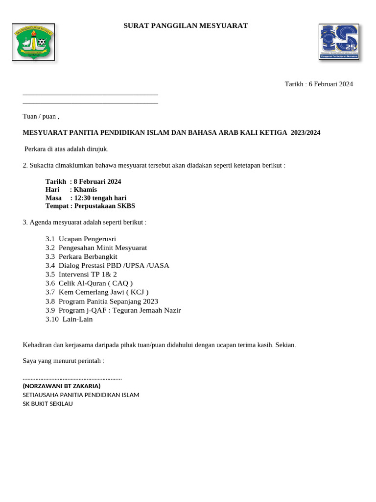 Surat Panggilan Mesyuarat 3 | PDF