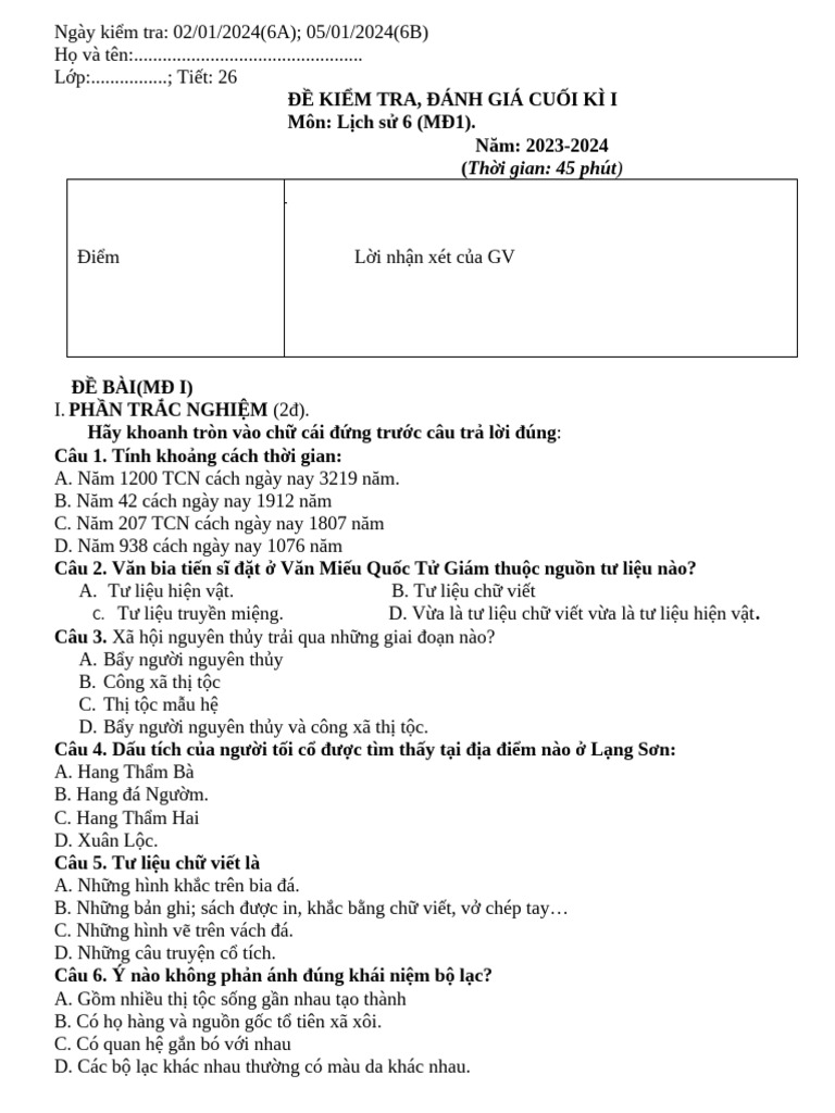 Đề kiểm tra GKI Sử 6 (Đề 1) | PDF