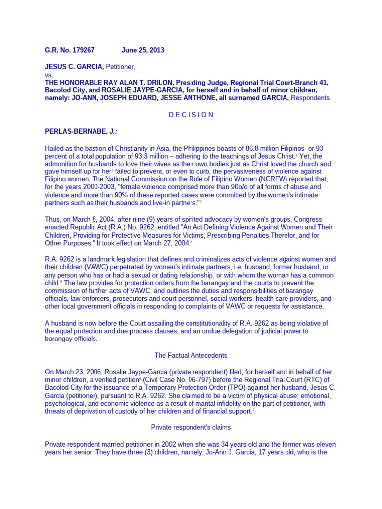Jesus Garcia Vs Drilon GR 179267 June 25, 2013 | PDF | Injunction | Equal Protection Clause