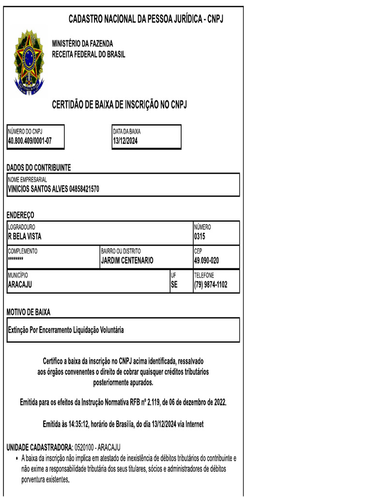 VINICIOS CERTIDAO BAIXA CNPJ | PDF