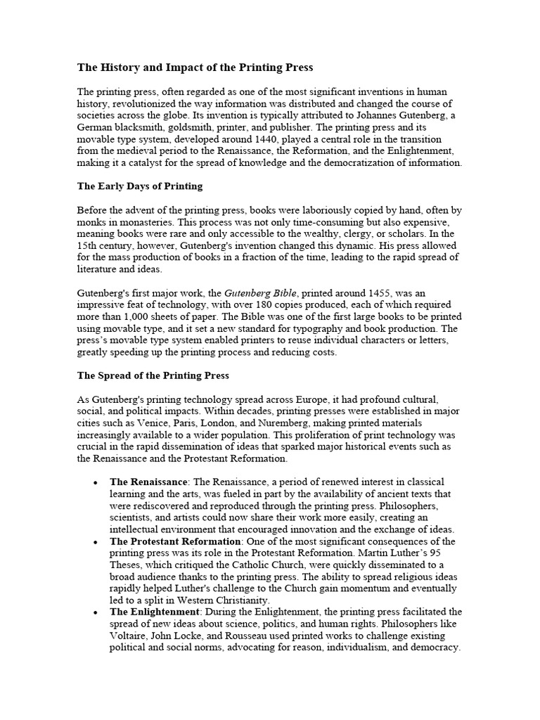 The History and Impact of The Printing Press | PDF | Printing Press ...