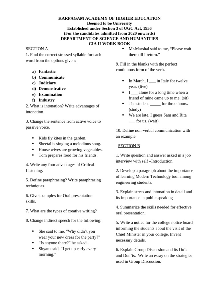 Work Book CIA II | PDF | Stress (Linguistics) | Perfect (Grammar)