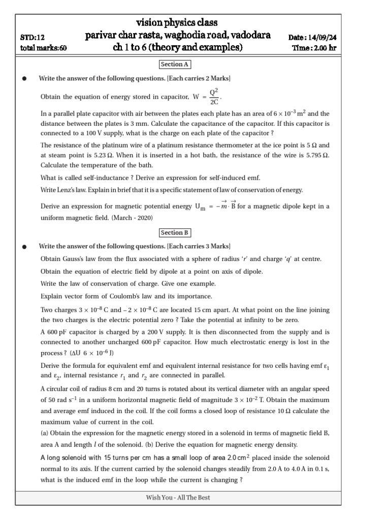 Ch 1 to 6 ( Theory and Examples Test) | PDF | Magnetic Field | Capacitor