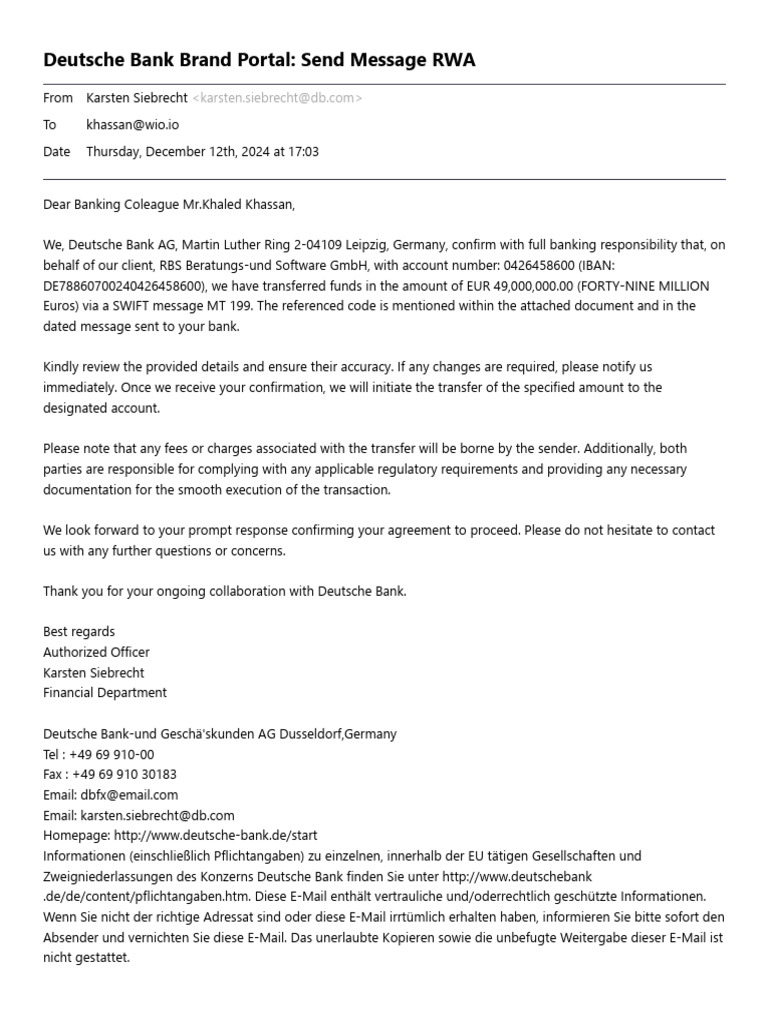 Deutsche Bank RWA Fund Transfer Confirmation | PDF