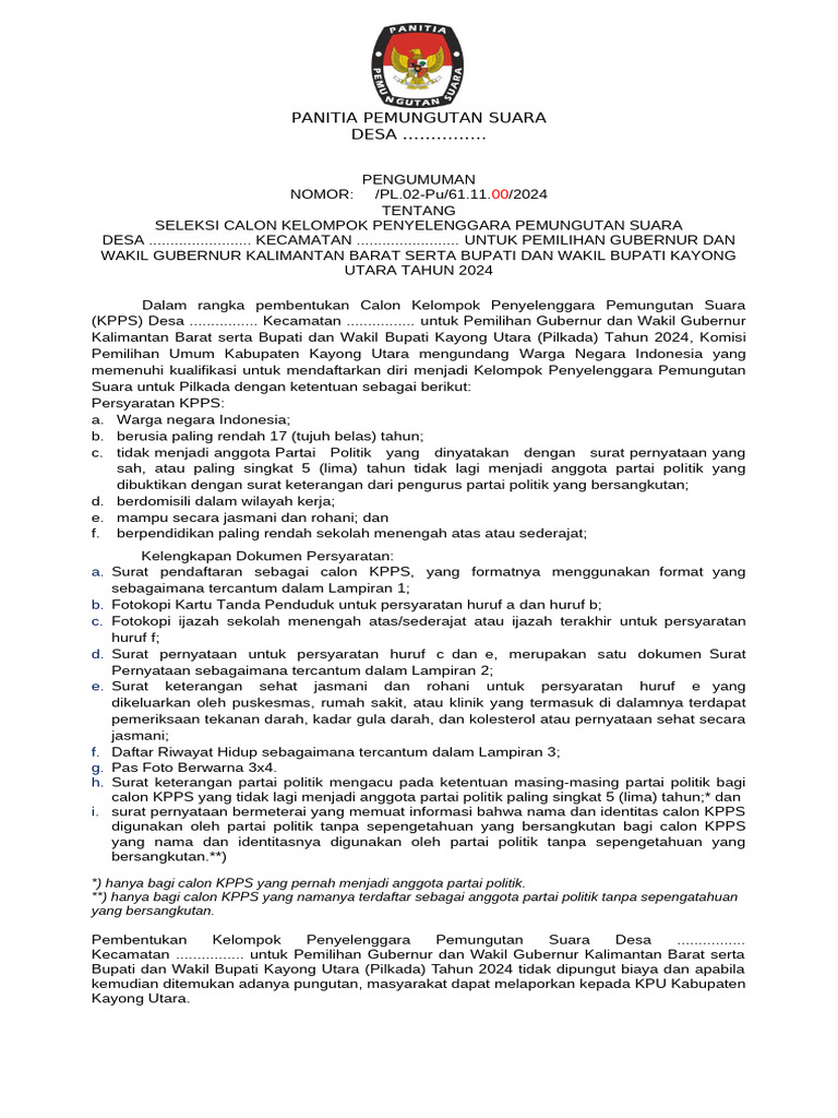 Format Pengumuman Pembentukan KPPS | PDF