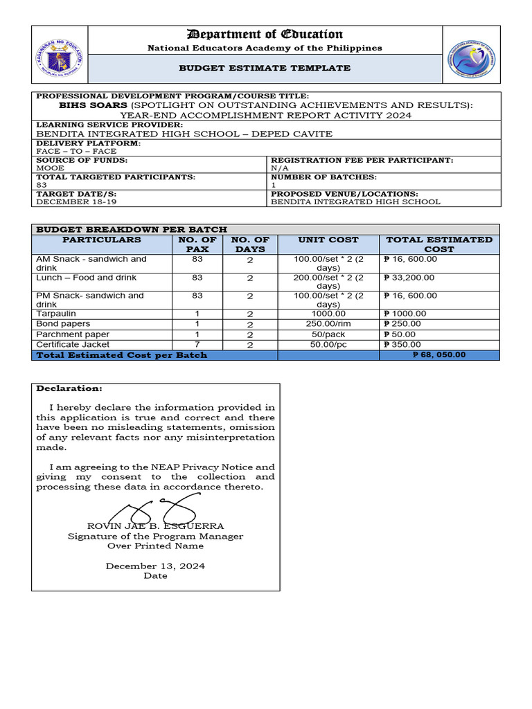 2024 Year-End Accomplishment Budget Template | PDF