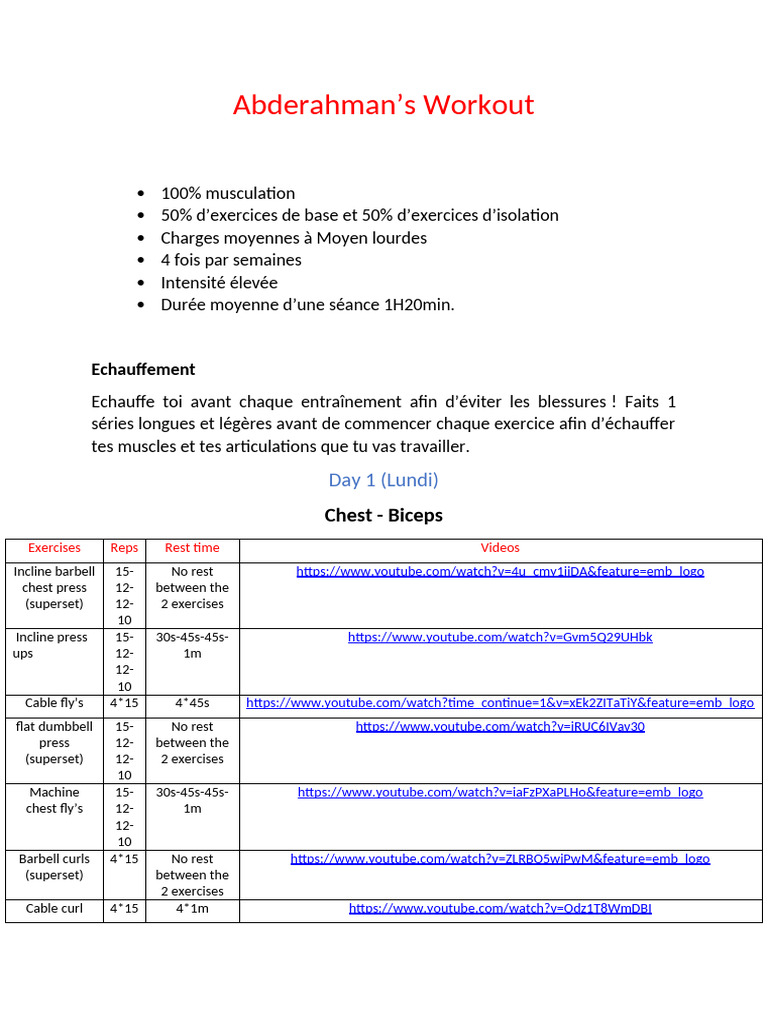 Abderahman's Workout | PDF | Management Of Obesity | Physical Fitness