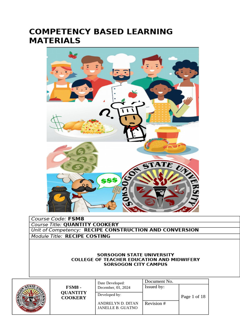 CBLM - FSM8 - Ditan - Guatno - Recipe Costing. | PDF | Learning | Prices