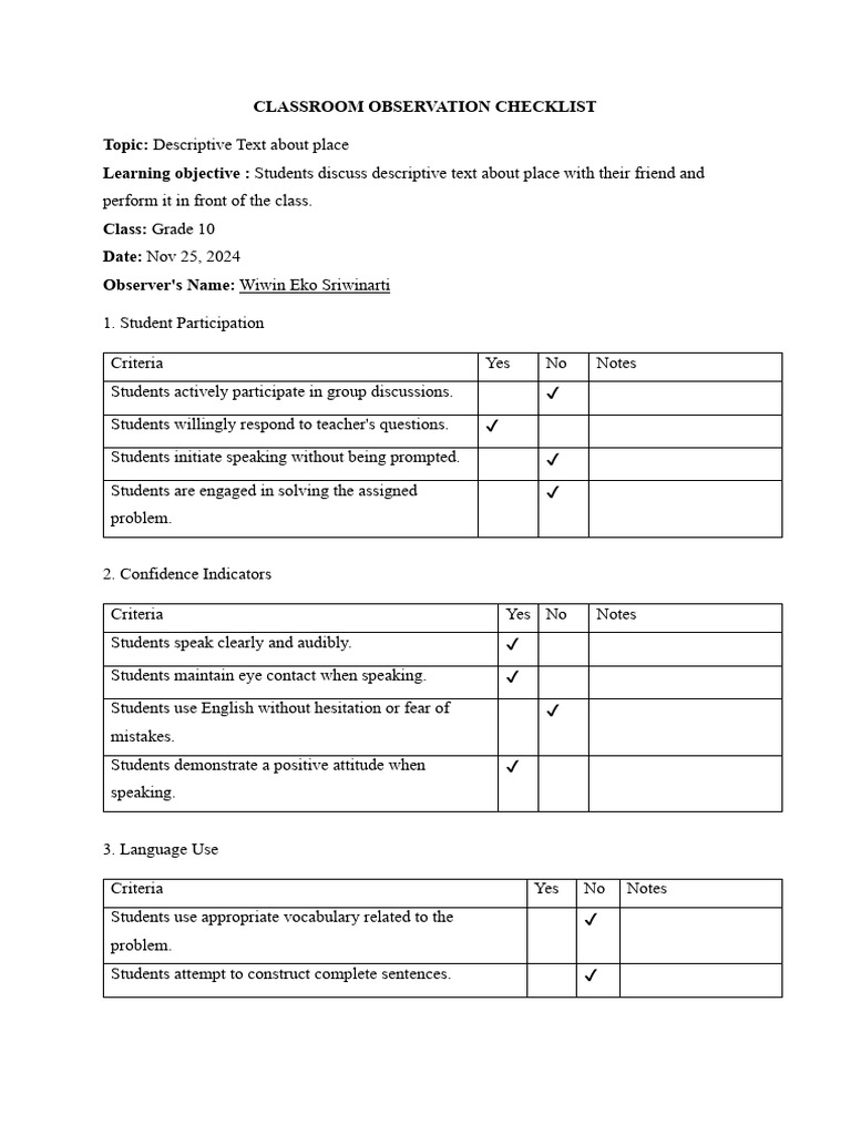 Classroom Observation Checklist | PDF | Learning | Teachers