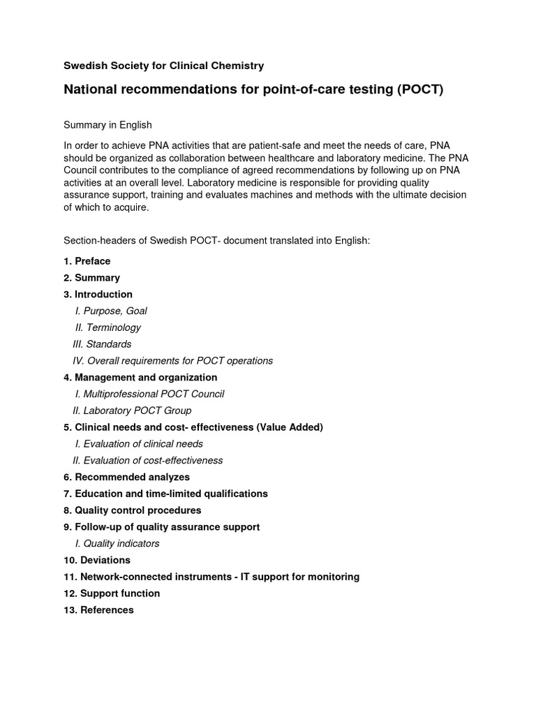 Sweden - 2017 National Recommendations For POCT | PDF