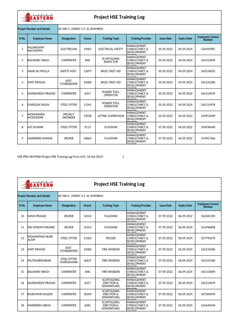 Project HSE Training Log | PDF