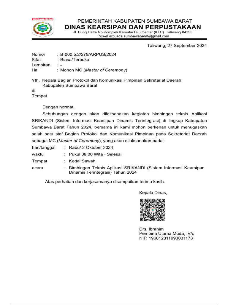 Permohonan MC untuk Bimtek SRIKANDI 2024 | PDF