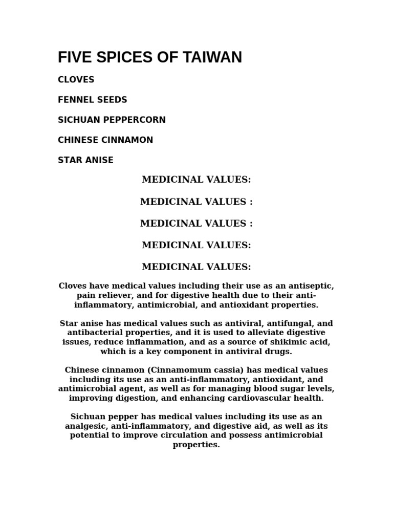 Five Spices of Taiwan | PDF | Cinnamon | Clove