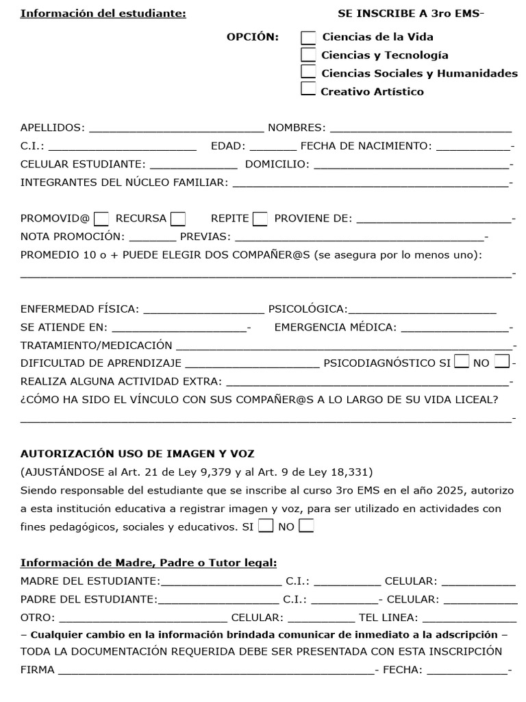 Ficha Inscripcion 3ro. 2025 | PDF